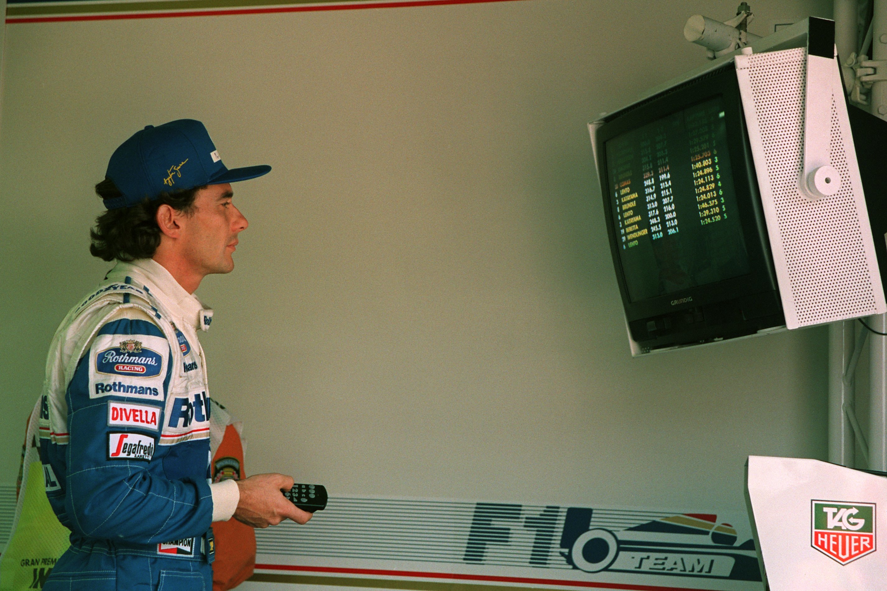 Ayrton Senna looking at Roland Ratzenberger's crash on a television ...